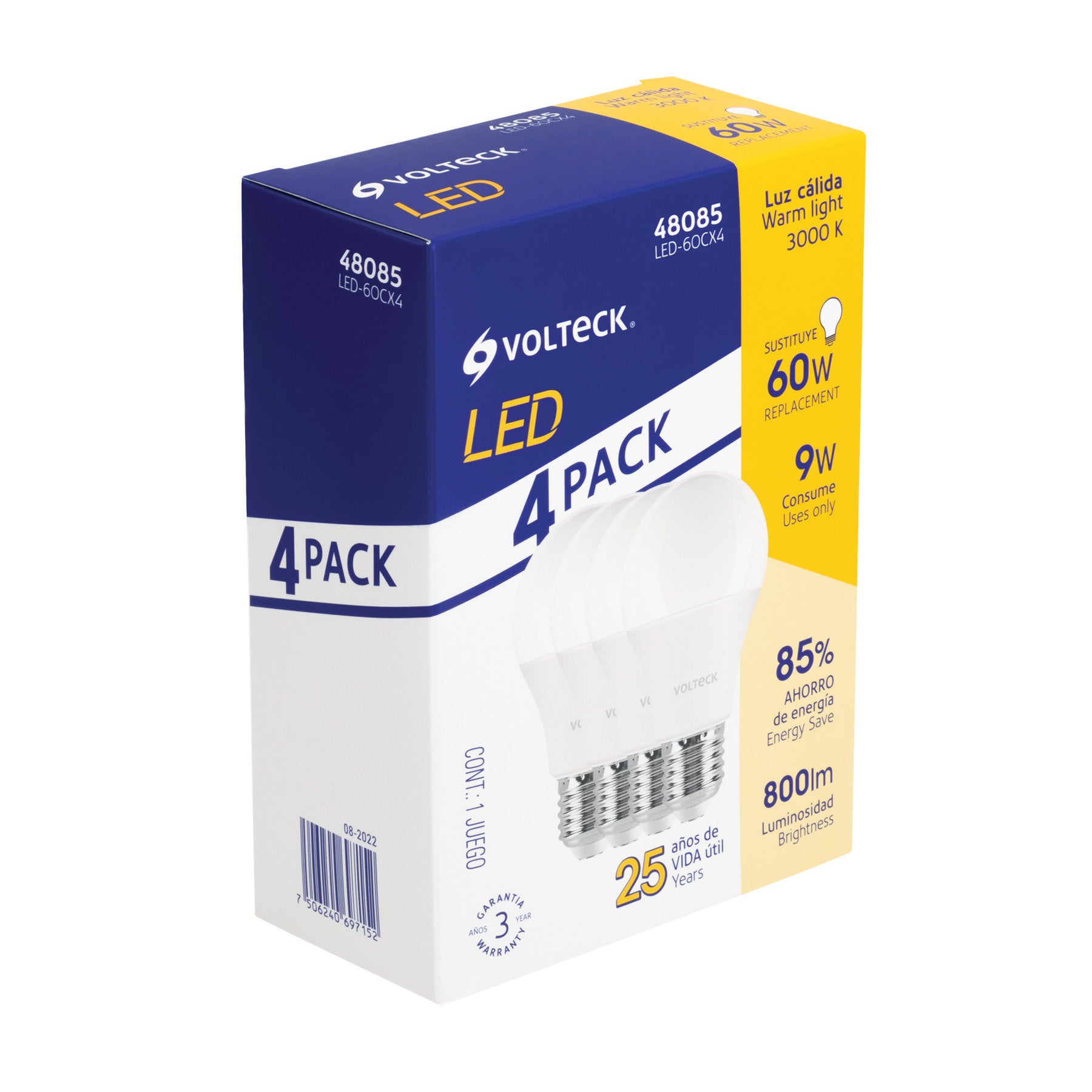 Pack de 4 lámparas LED A19 9 W (equiv. 60 W), luz cálida | Volteck ...